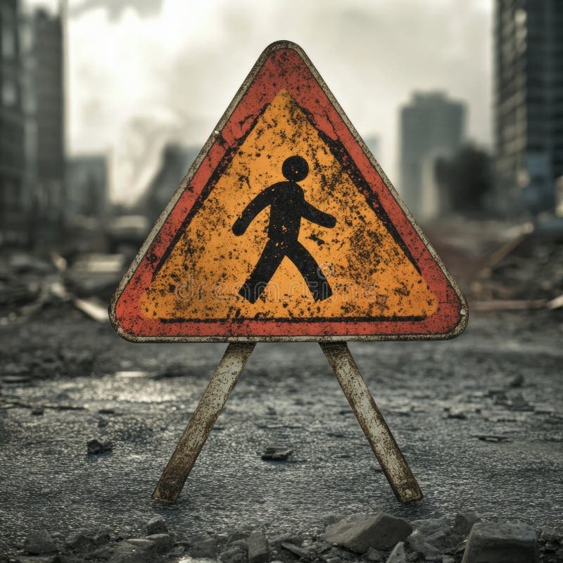 Weathered Pedestrian Warning Sign Stands in a Devastated Area Stock ...