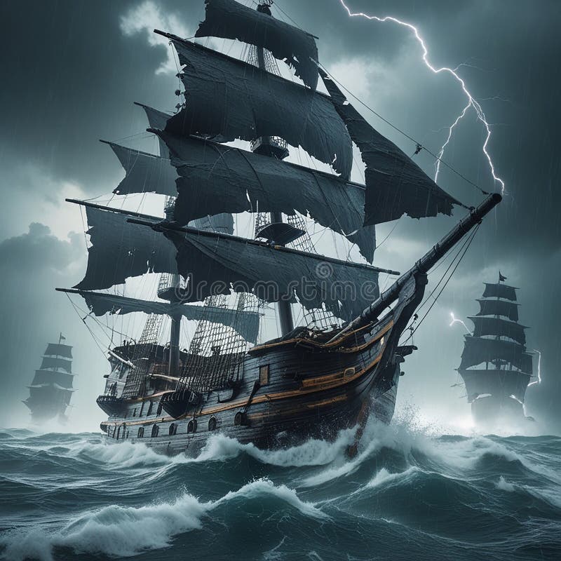 A Weathered Pirate Ship Cuts through Teal Blue Waters and Ends Beached ...