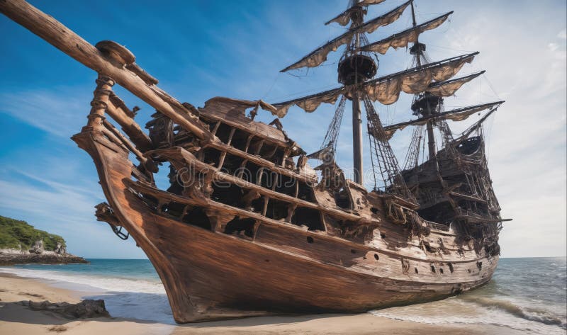 A Weathered Pirate Ship Rests on the Sand of a Beach Stock Image ...