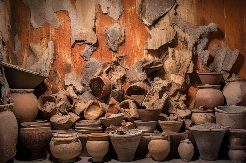 Weathered Pottery Fragments in a Museum Stock Illustration ...