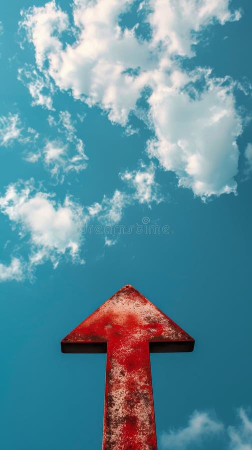 Weathered Red Arrow Pointing Upwards with a Cloudy Blue Sky Background ...