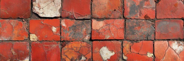 Weathered Red Brick Tiles with Cracks and Texture in a Rustic Pattern ...
