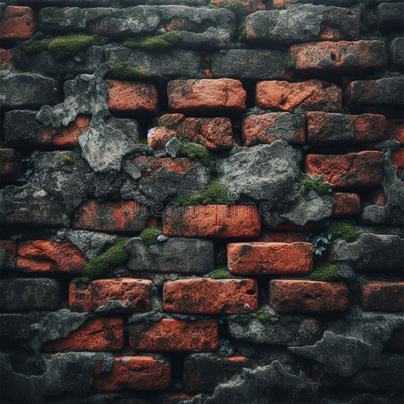 Weathered Red Brick Wall with Moss Growing between the Cracks Stock ...