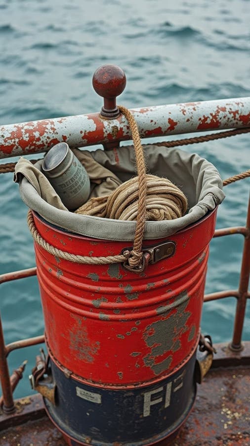Weathered Red Bucket on Boat Deck with Rope by Calm Sea Stock Photo ...
