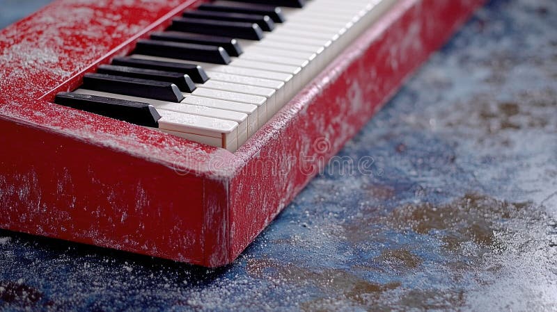 Weathered Red Piano Keyboard on Blue Textured Surface with Dust ...