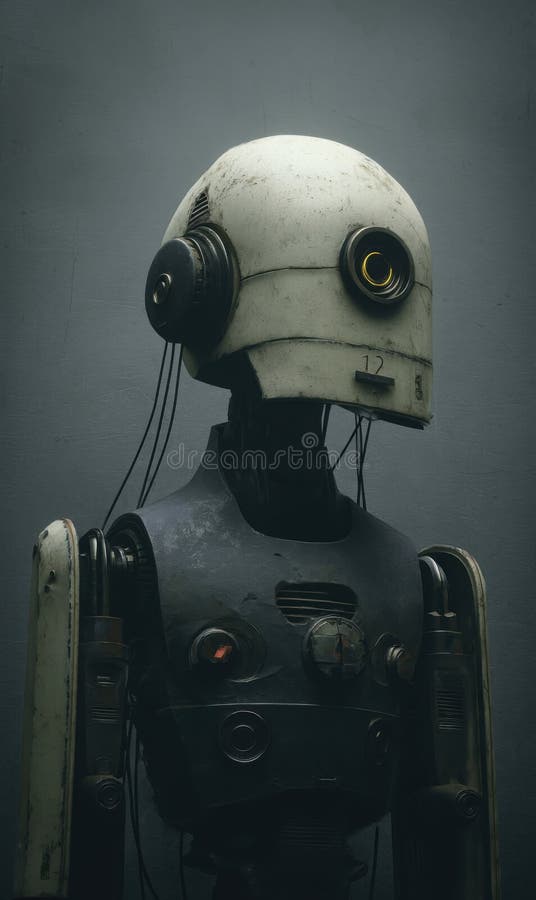 A Weathered, Retro-style Robot Stands Against a Plain Gray Backdrop ...