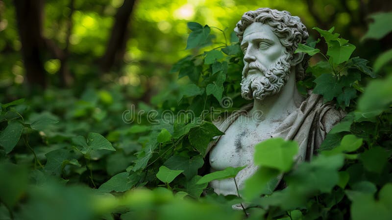 Weathered Roman Statue of Philosopher Surrounded by Lush Greenery in a ...