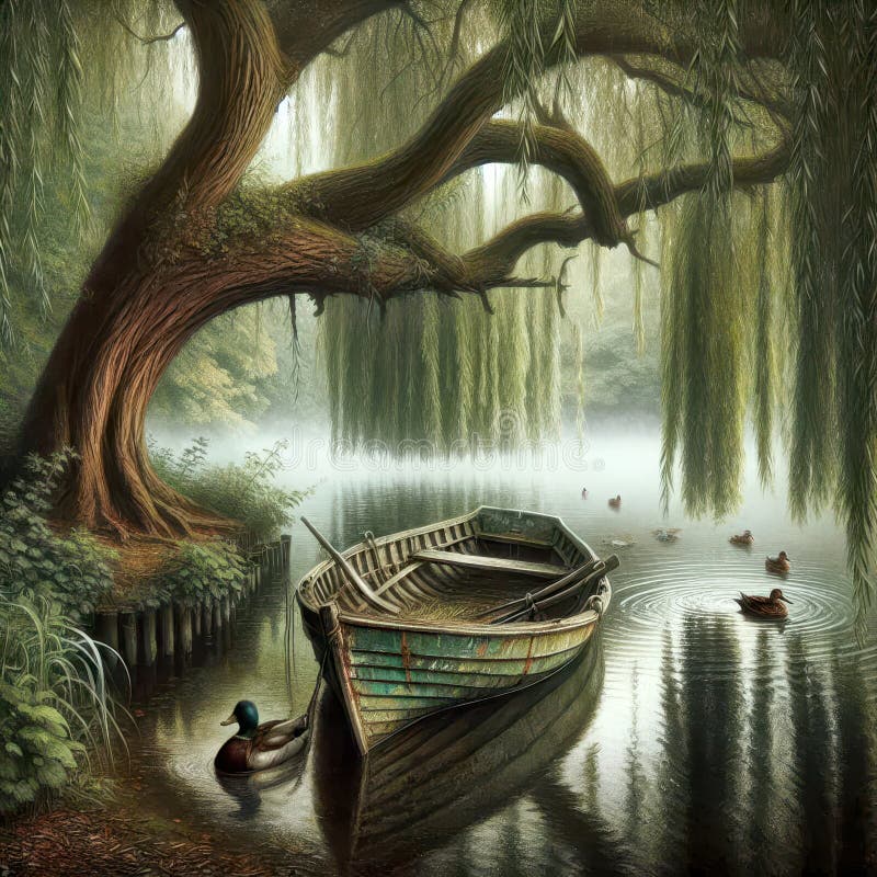 Rustic Rowboat Under a Weeping Willow Tree Stock Illustration ...