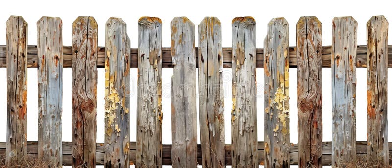 Weathered Rustic Wooden Fence with Peeling Paint Isolated on White ...