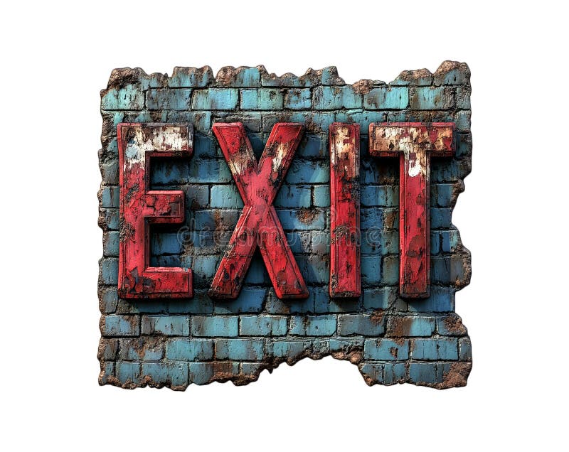 A Weathered, Rusty "EXIT" Sign is Embedded in a Crumbling Blue Brick ...