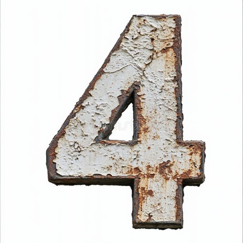 A Weathered, Rusty Number 4 with a Distressed White Paint Finish Stock ...