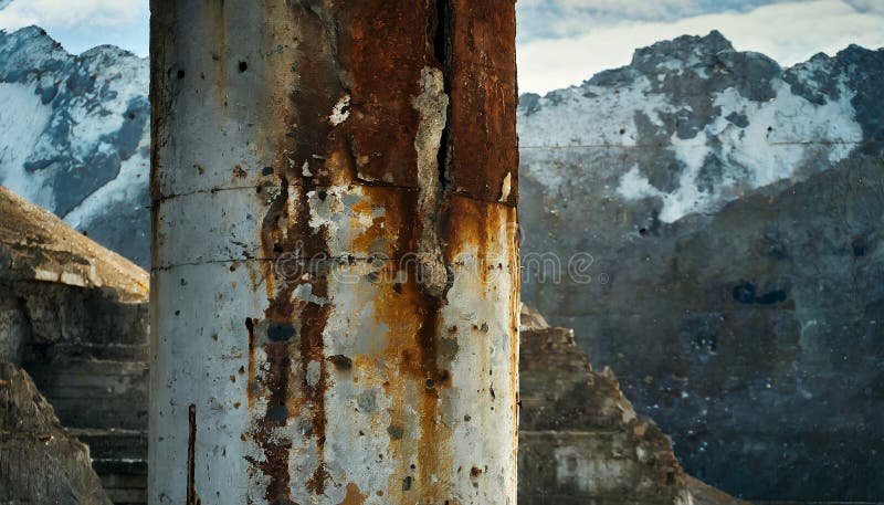 Weathered Rusty Pillar in Ancient Ruins with Snowy Mountain Backdrop ...