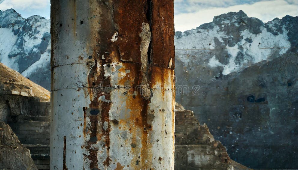 Weathered Rusty Pillar in Ancient Ruins with Snowy Mountain Backdrop Stock Illustration ...