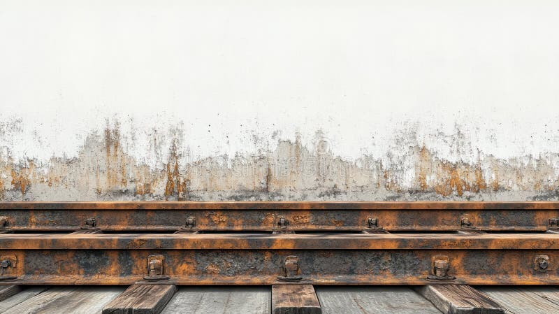 Weathered Rusty Train Tracks on a Wooden Platform Against a Distressed ...