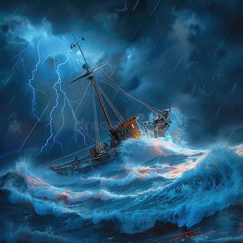 A Weathered Sailing Ship Struggles Against a Raging Storm at Sea, with ...