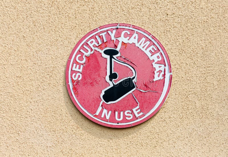 Weathered Security Cameras in Use Outdoor Red Circle Sign on the Beige ...