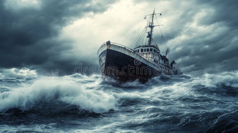A Weathered Ship Braving a Stormy Sea Stock Illustration - Illustration ...
