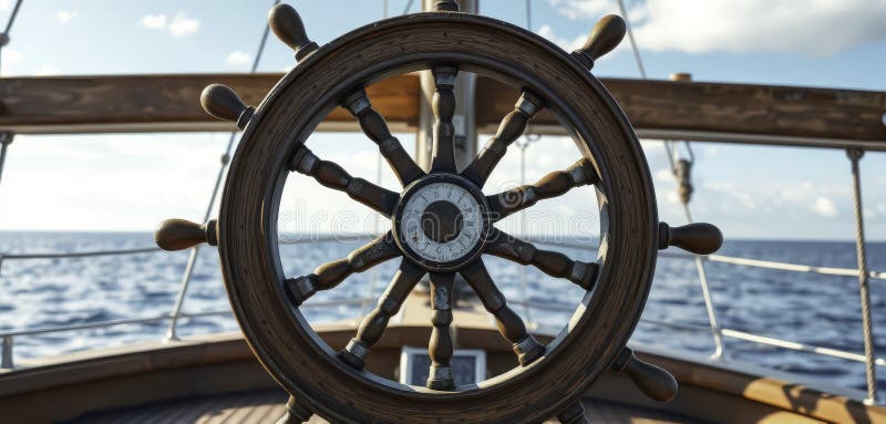 A Weathered Ship S Wheel on a Sailboat Deck, Ocean and Sky Backdrop ...