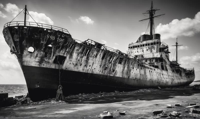 A Weathered Ship Sits Beached on the Shoreline, Its Hull Pockmarked ...