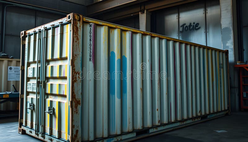 Weathered Shipping Container in Industrial Warehouse Setting Stock ...