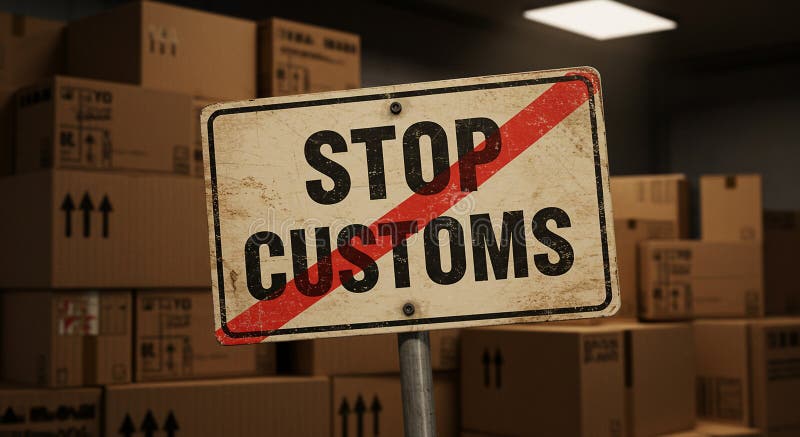 A Weathered Sign Reads "STOP CUSTOMS" with a Red Diagonal Slash Across ...