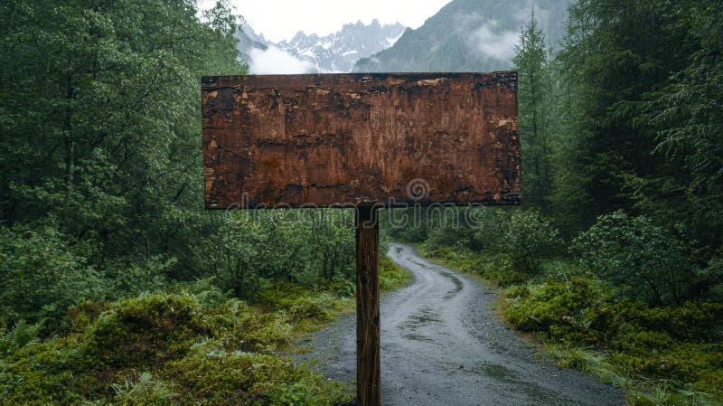 A Weathered Sign Stands on a Path in a Lush Forest. Stock Illustration ...