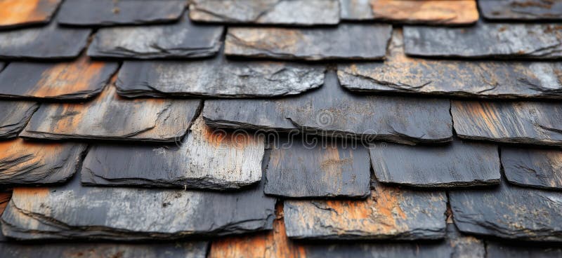 Weathered Slate Roof Tiles Showcasing Texture and Color Variations in ...