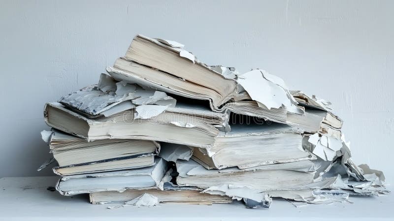 Weathered Stack of Old Books with Peeling Pages Against a Minimalist ...