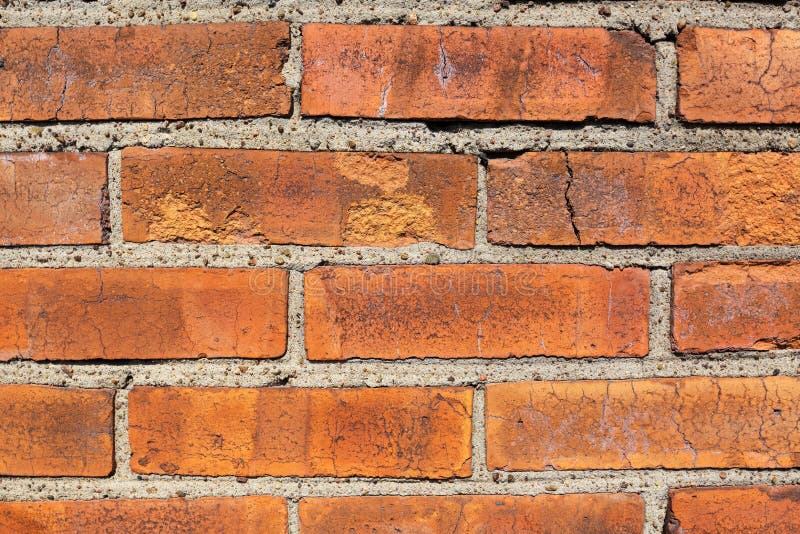 Weathered Stained Old Brick Wall Background with Cement and Small ...