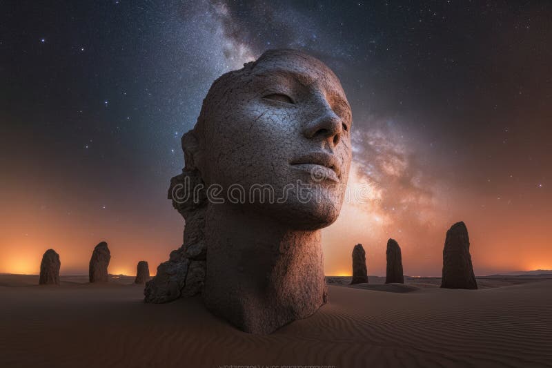 A Weathered Statue Head in a Desert Under a Starry Sky Captures a Sense ...