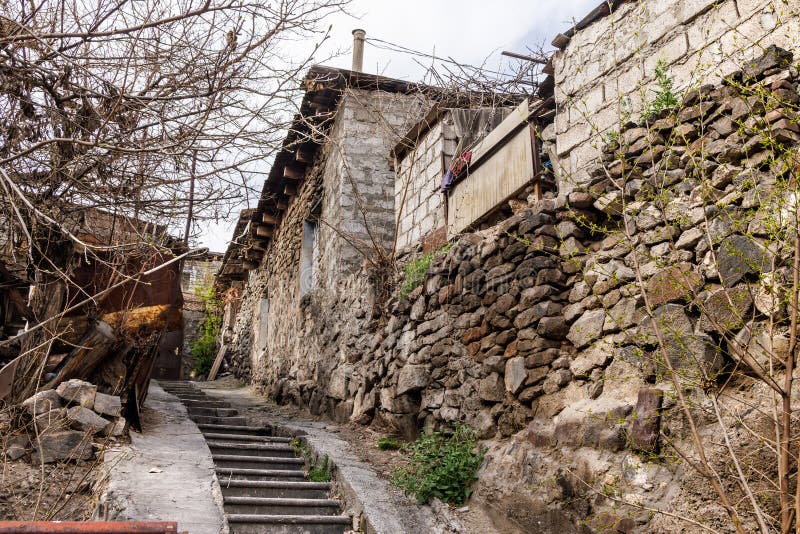 Weathered Steps Amidst Rustic Village Walls. Classic Rural Landscape ...