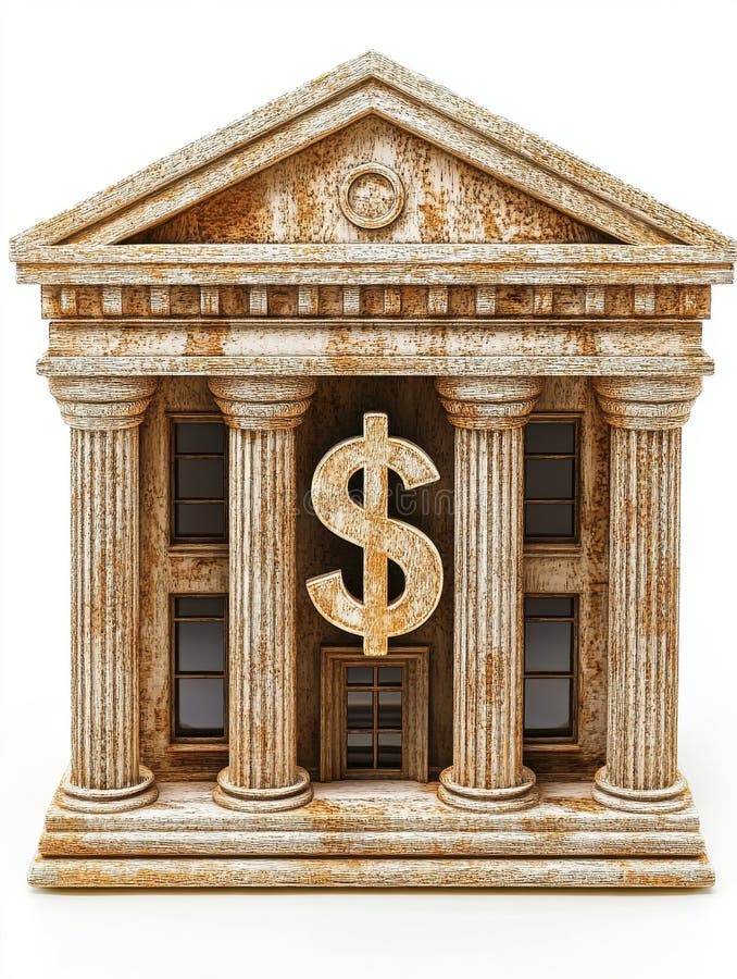 Weathered Stone Bank Building Model with Gold Dollar Sign Stock ...