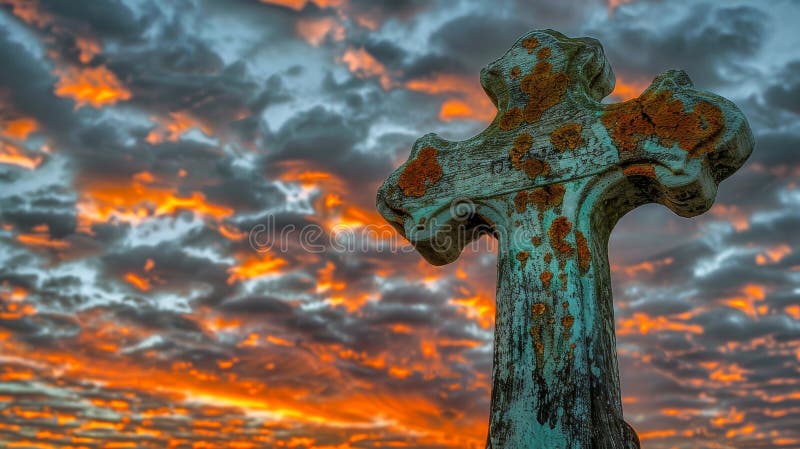 Weathered Stone Cross Against Dramatic Sunset Sky, Serene Scene Stock ...