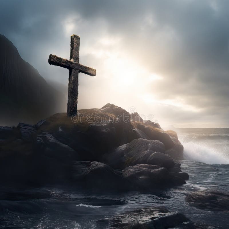 Weathered Stone Cross on Remote Windswept Island AI Generated Stock ...