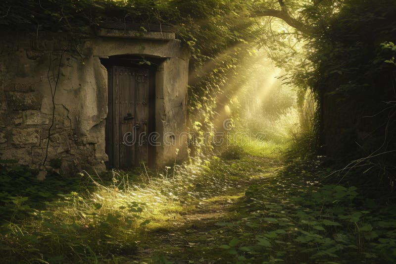 Weathered Stone Doorway, Sunlit Forest Path, Mysterious Door at the End ...