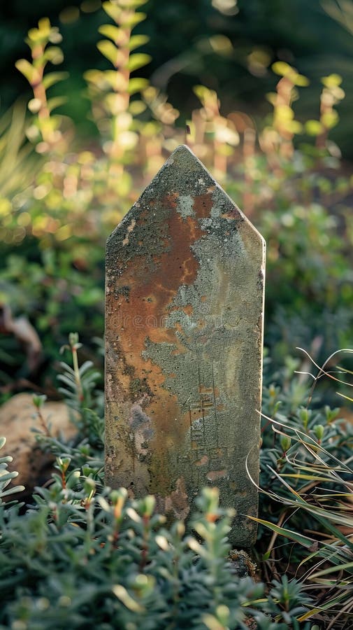 Weathered Stone Marker in Lush Greenery with Sunlight Filtering through ...