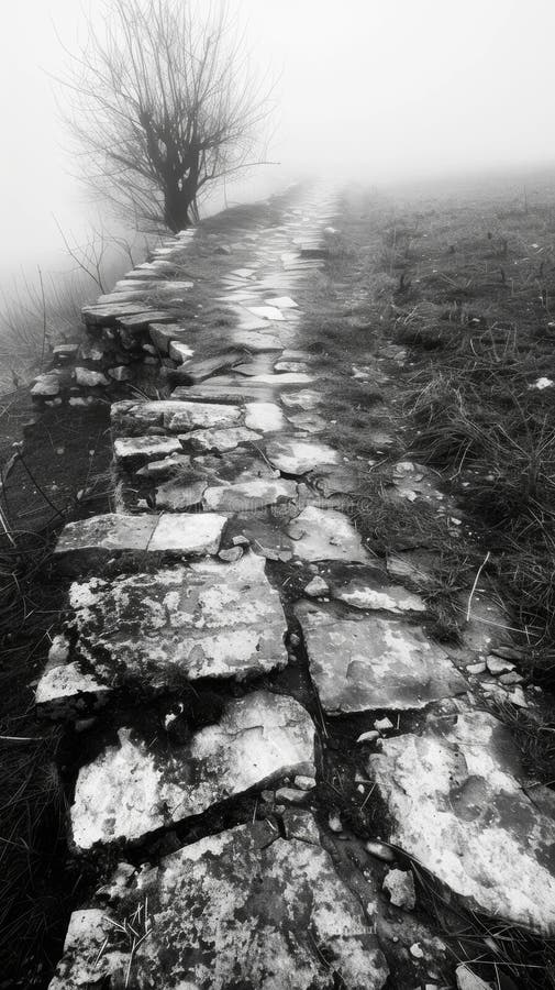 A Weathered Stone Path Snaking through a Misty Fogcovered Landscape ...