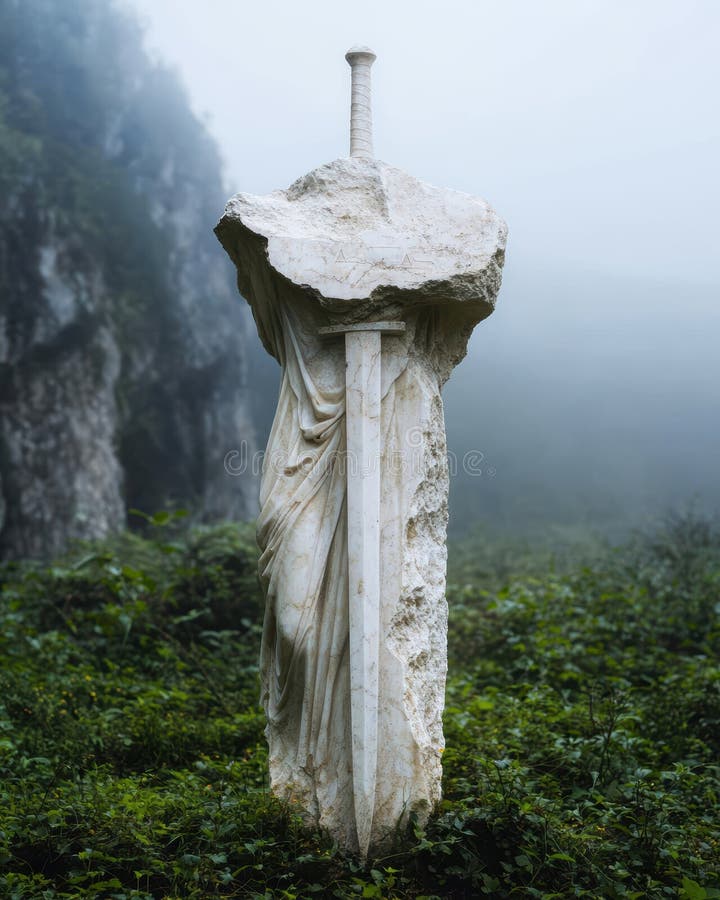 Weathered Stone Statue in Misty Forest Landscape Stock Illustration ...