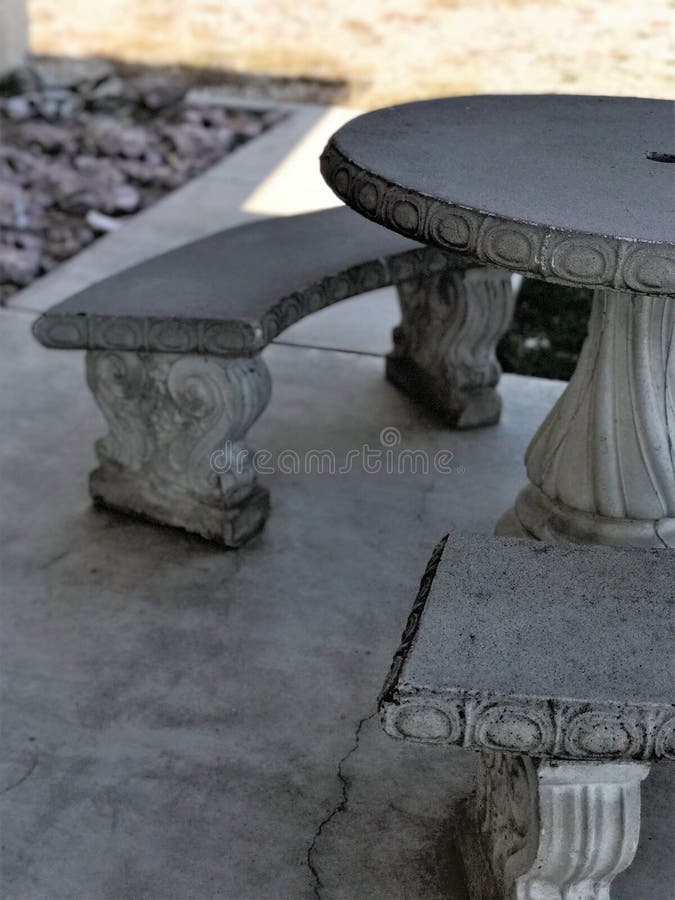 Weathered Stone Table and Benches Stock Photo - Image of table, path ...