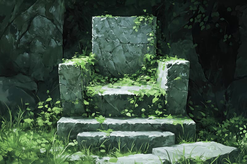 A Weathered Stone Throne Covered in Greenery Sits Quietly in a Secluded ...