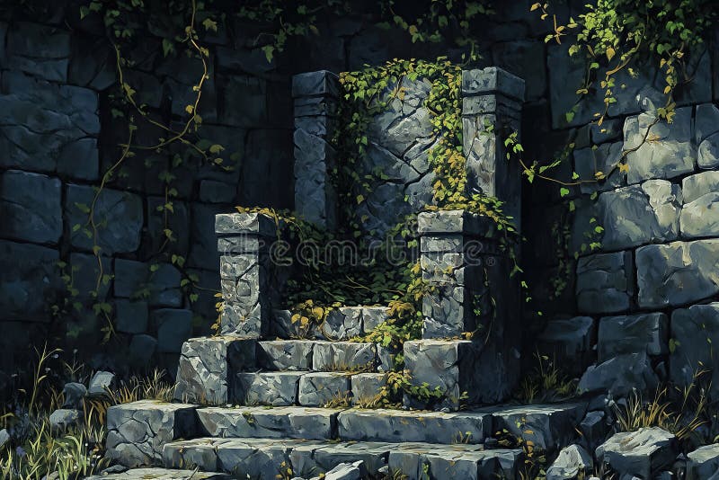 A Weathered Stone Throne Sits in Solitude, Enveloped by Creeping Vines ...
