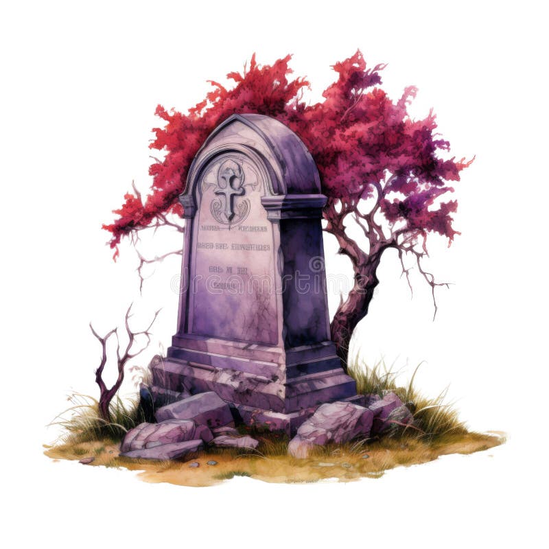 A Weathered Stone Tombstone in a Graveyard, Surrounded by a Red-leafed ...