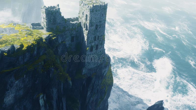 A Weathered Stone Tower on a Cliff Overlooking a Churning Sea Stock ...