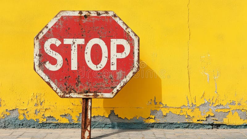 Weathered Stop Sign Against a Yellow Wall. Stock Image - Image of copy ...