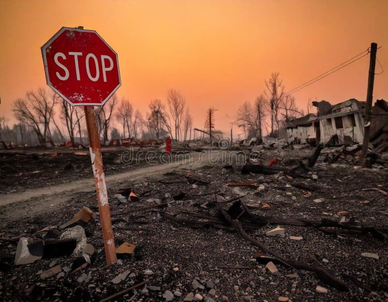 Aftermath: Stop Sign Amid Wildfire Devastation Stock Image - Image of ...