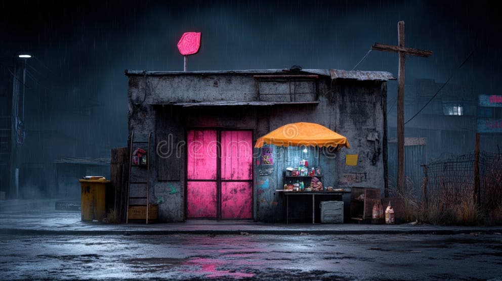 A Weathered Storefront Illuminated at Night Surrounded by Rain and ...
