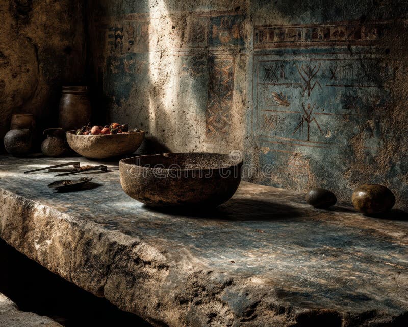 Ancient Ceremonial Feast: Stone Slab with Ritual Offerings and Clay ...
