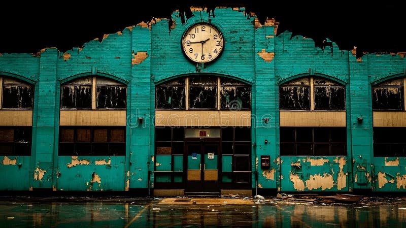 Weathered Teal Building Facade with Clock Abandoned Structure Stock ...