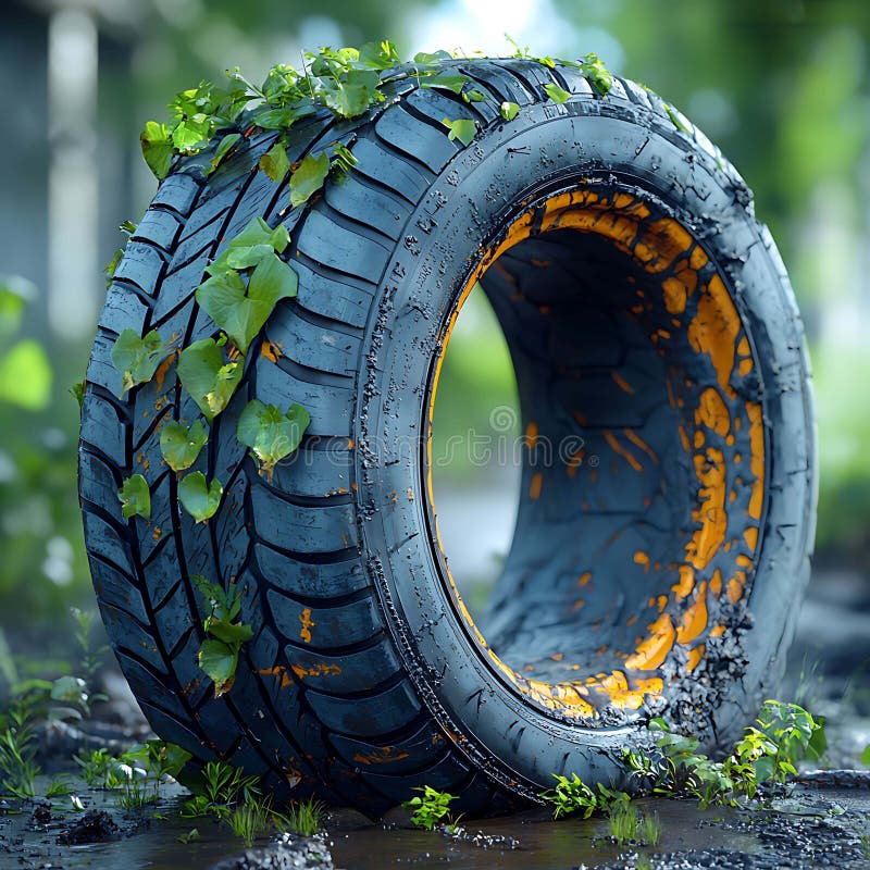 Weathered Tire Overgrown with Vibrant Greenery, Evocative of Nature ...