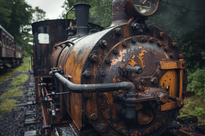 A Weathered Train Engine Covered in Rust Sits Abandoned on the Railway ...